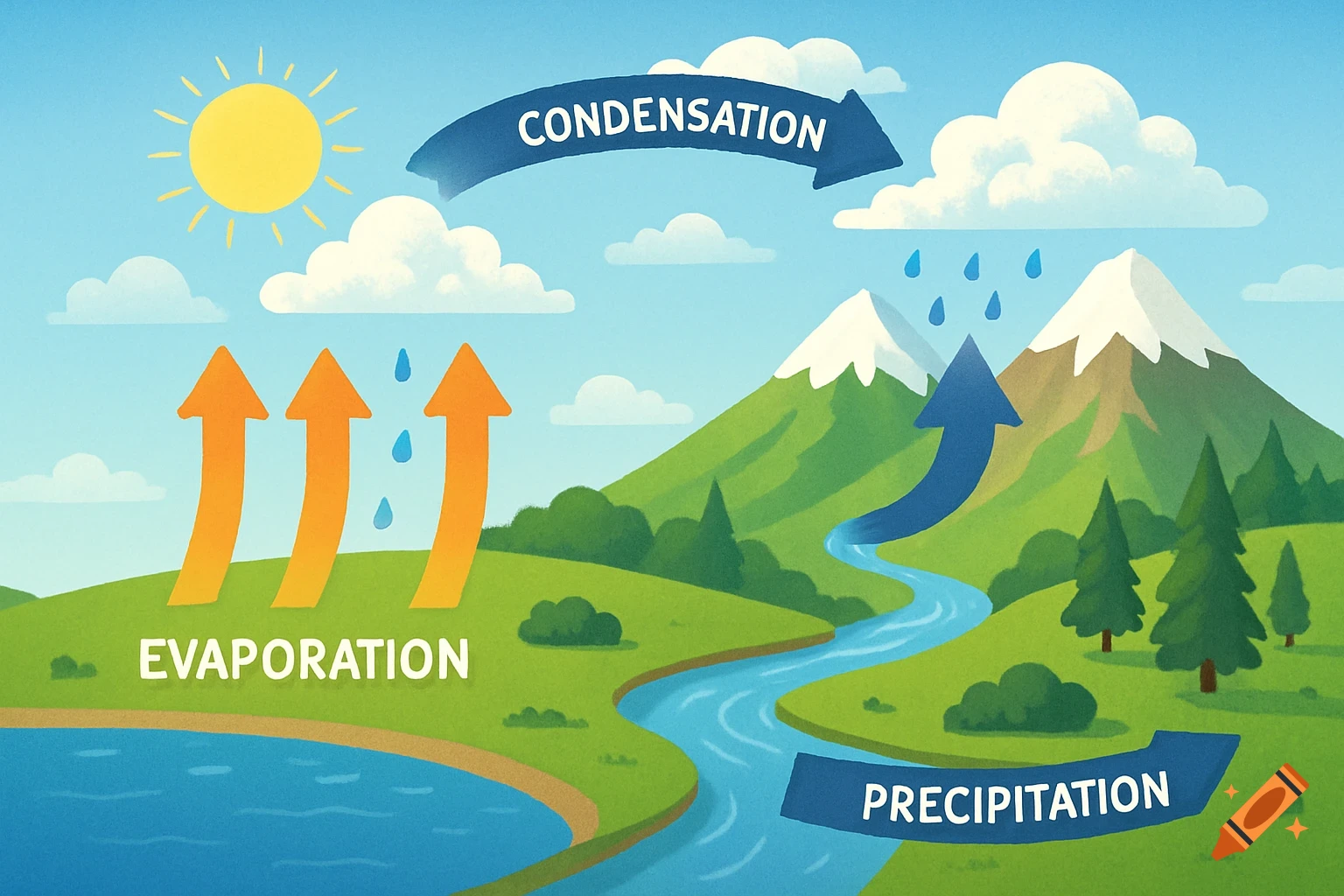 Illustration of the water cycle with evaporation, condensation, and ...