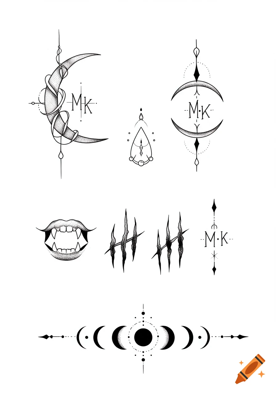 Set of minimalist black line art tattoo designs with moons, fangs, claw ...