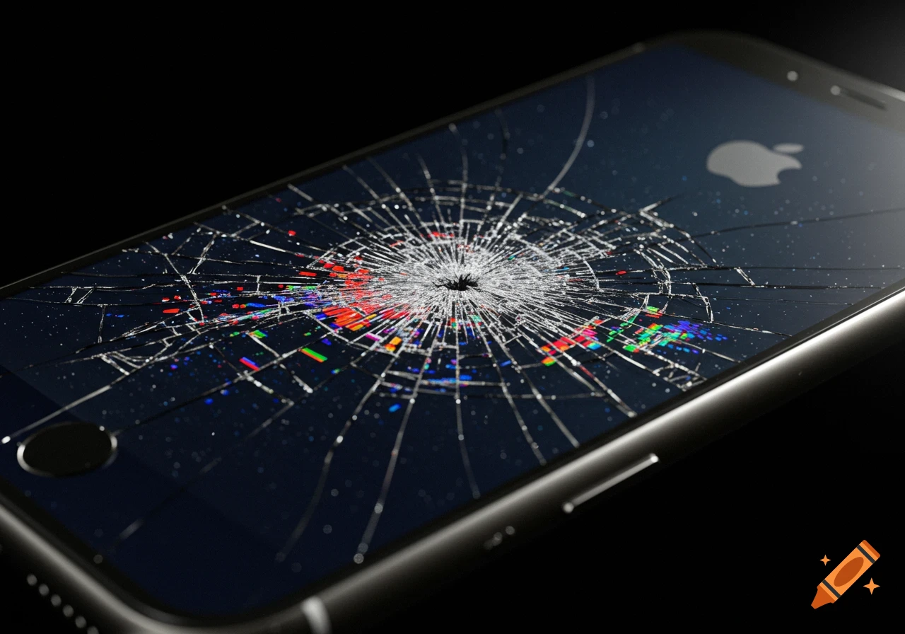 Close-up of a broken iPhone screen with shattered glass. on Craiyon