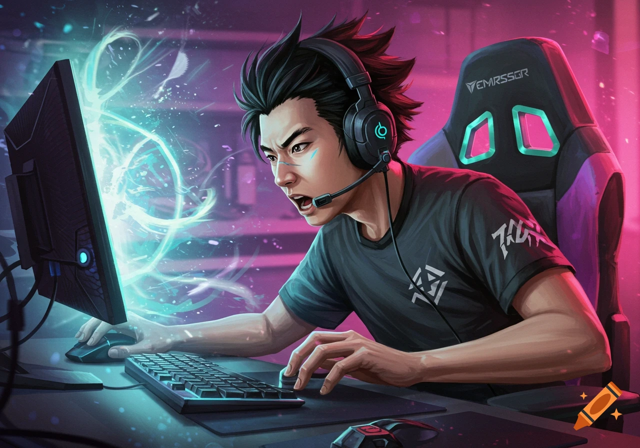 Asian man playing video games on a computer, intense expression ...