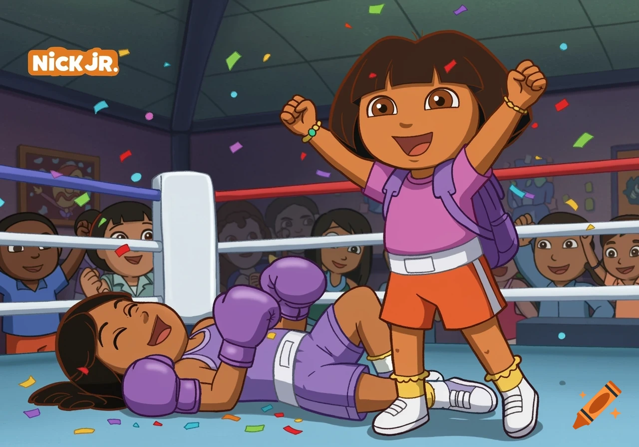 Cartoon of Dora the Explorer celebrating victory over another boxer in a ring, with Nick Jr ...