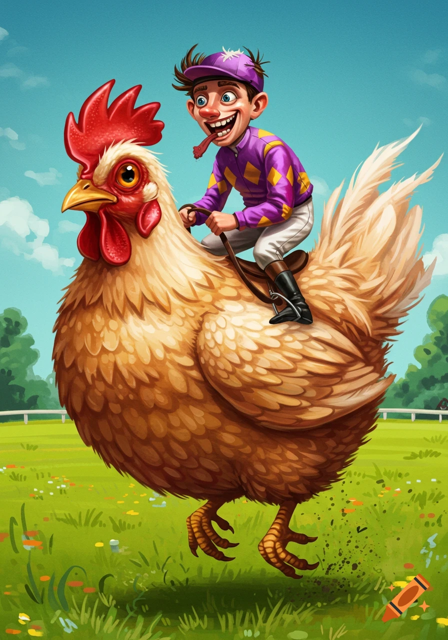 Cartoon illustration of a jockey riding a giant chicken on a grassy ...