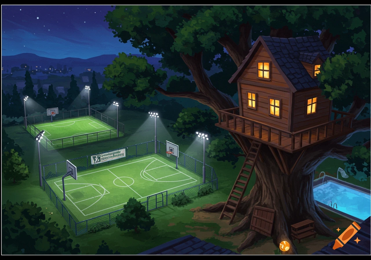 Illustration of a treehouse overlooking lit basketball courts, a ...