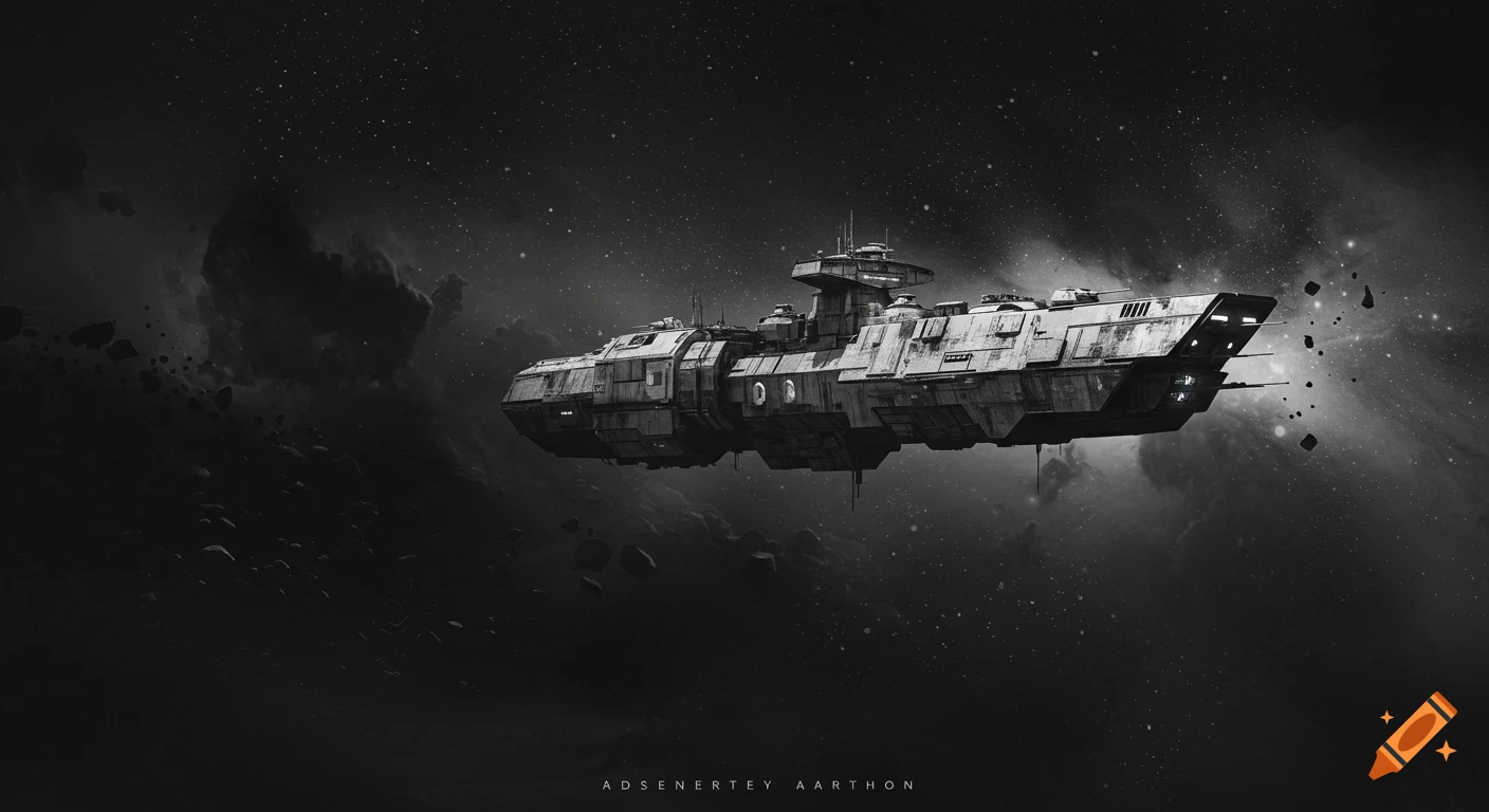 Black and white digital painting of a gritty industrial spaceship drifting in deep space with ...