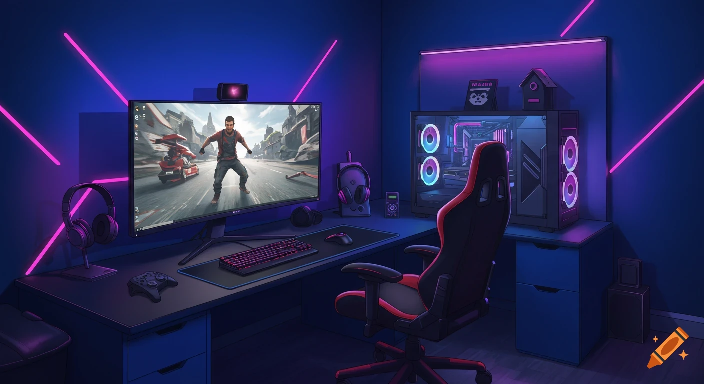 Illustrated gaming room setup with computer, chair, and neon lights. on ...