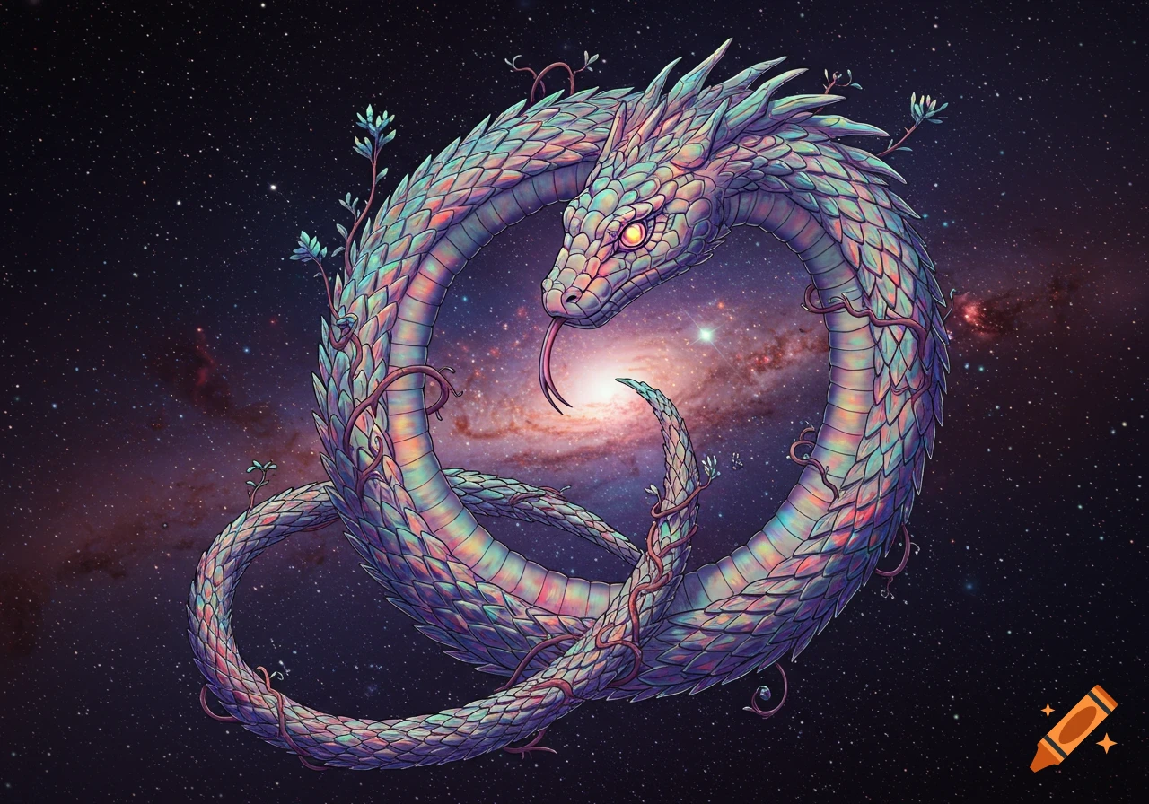 A vibrant, artistic illustration of an iridescent ouroboros snake ...