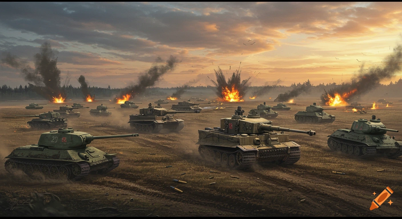 A large tank battle rages on a plain at sunset with many tanks ...