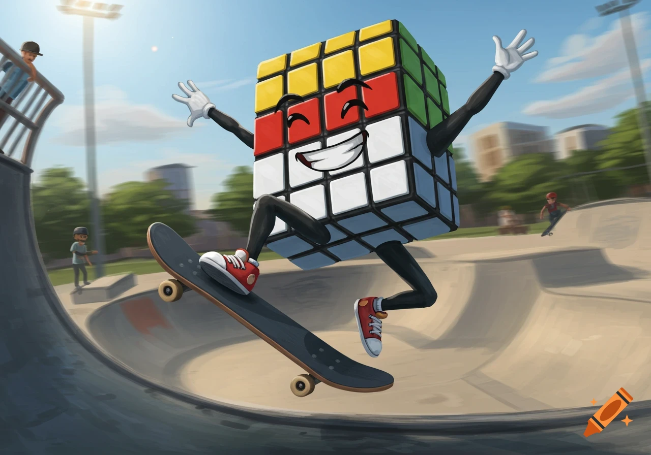 Smiling Rubik's cube character skateboarding in a skatepark. on Craiyon
