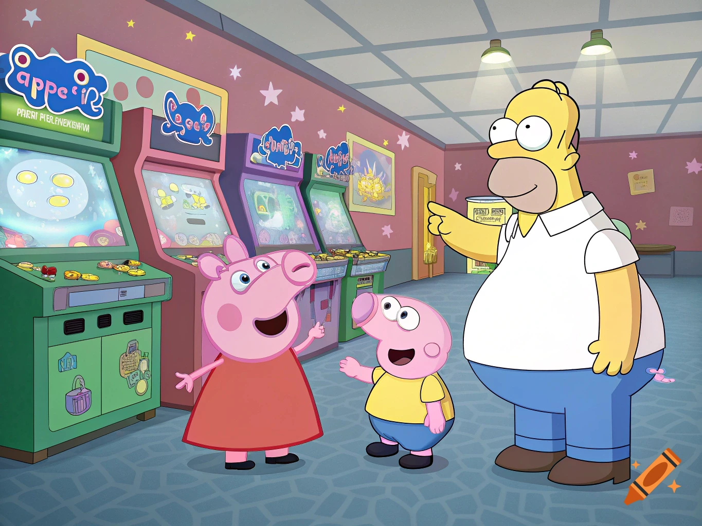 Cartoon characters Peppa Pig, George Pig, and Homer Simpson in an ...
