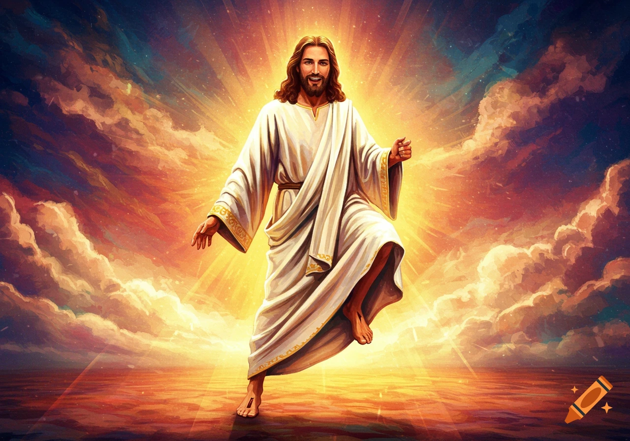 Smiling Jesus in a white robe stands with one leg raised amidst glowing ...