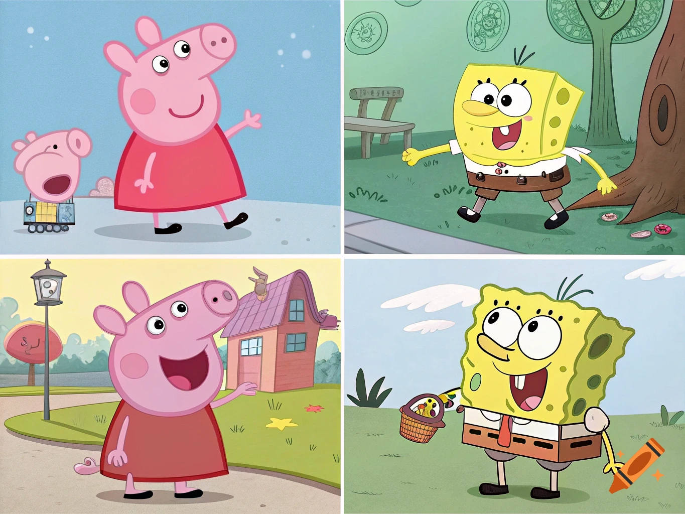 Four panels: Peppa Pig with small pig on train; Spongebob by bench ...