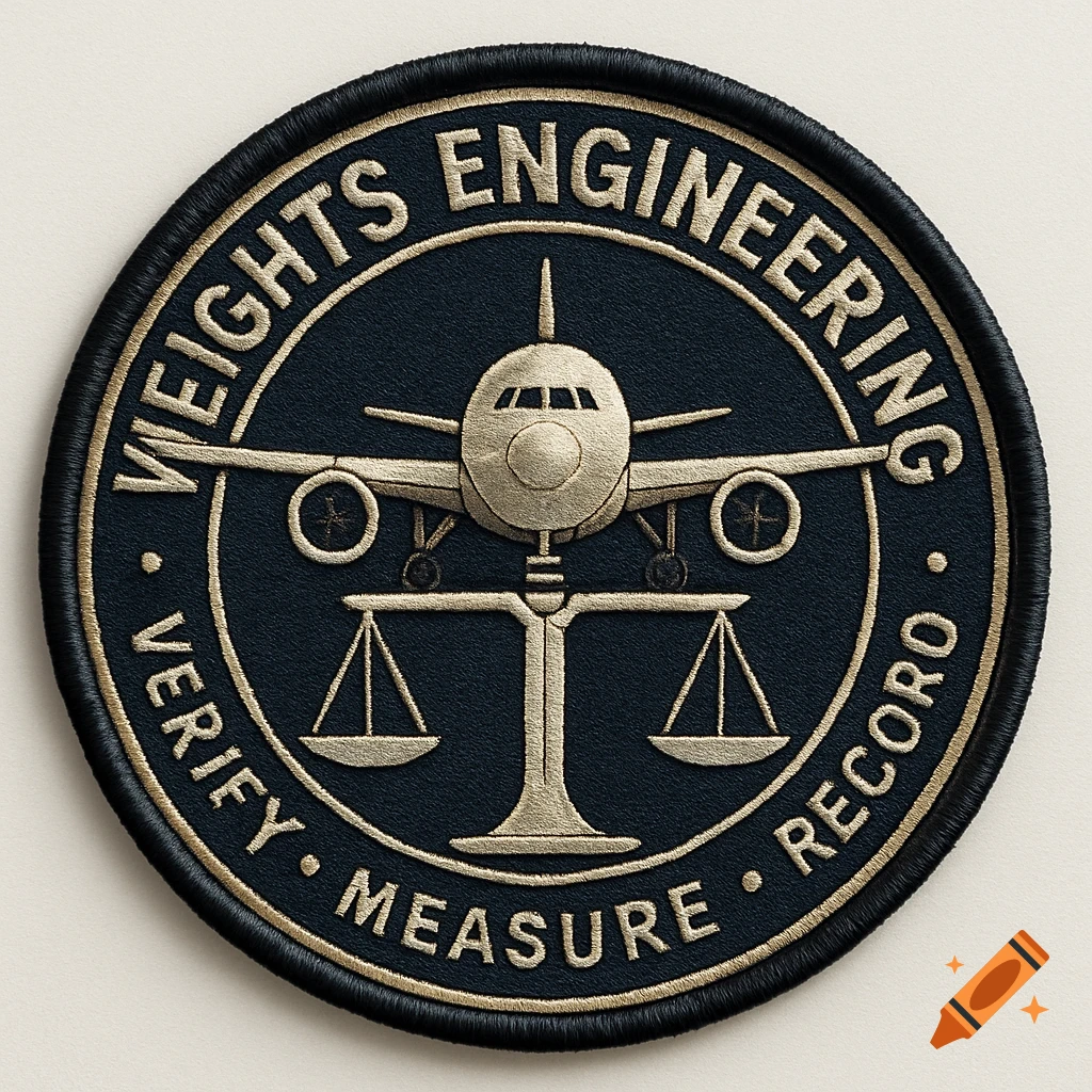 Circular embroidered patch logo for Weights Engineering with an airplane over scales and text ...