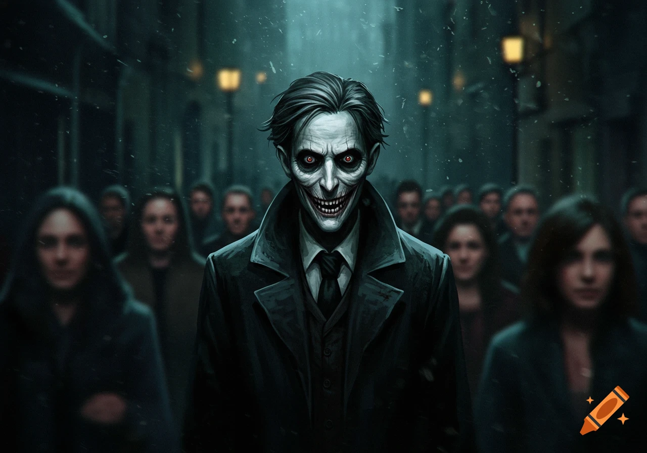 A creepy man with sharp teeth and red eyes stands in a blurred crowd on ...