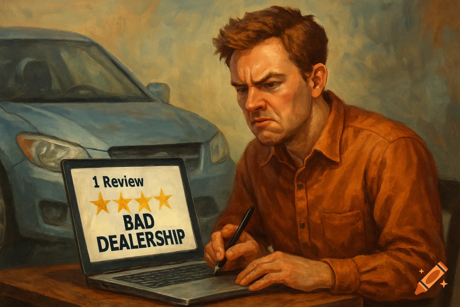 A man frowns while writing a bad car dealership review on a laptop with ...