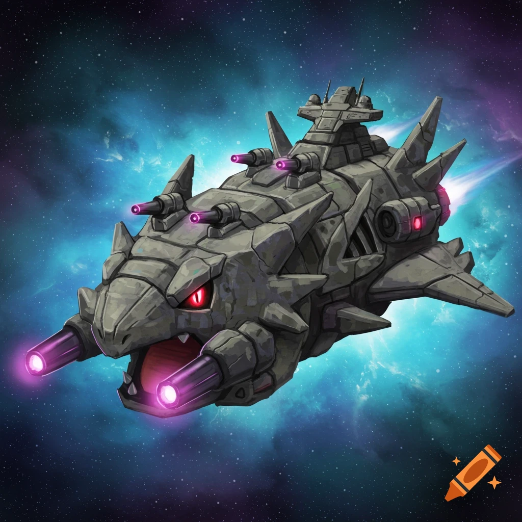 A spaceship designed like the Pokemon Tyranitar flying through space ...
