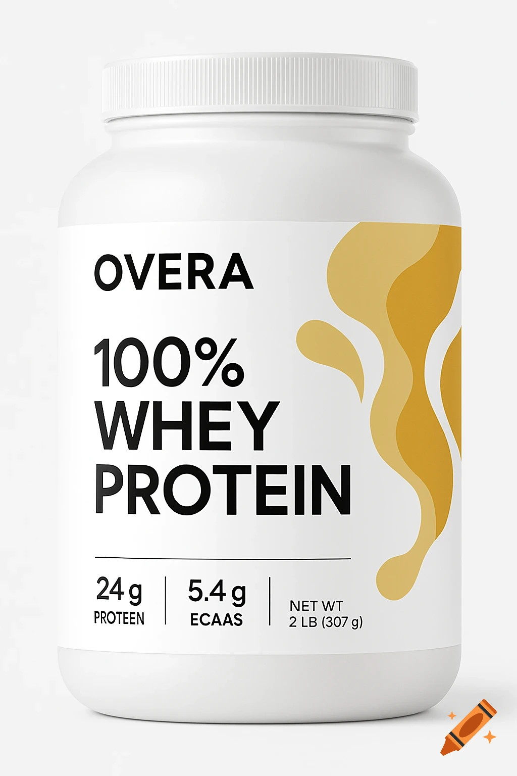 A white protein powder container with a white label featuring the text ...