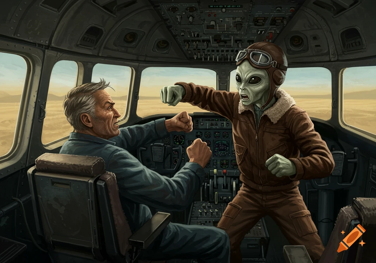 A human and an alien in pilot gear fight in an airplane cockpit over a ...