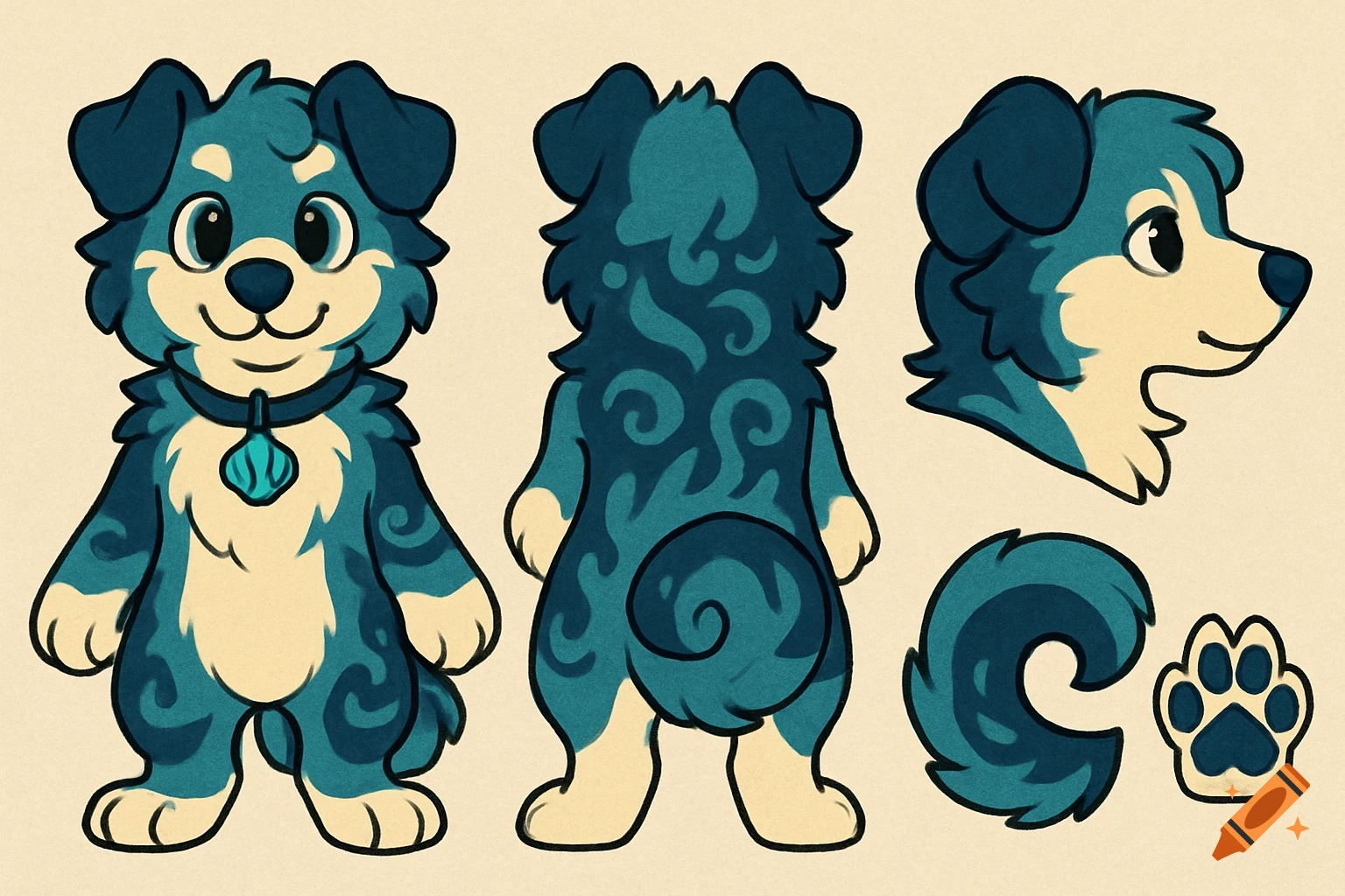Stylized drawing of a sea-themed furry dog character reference sheet ...