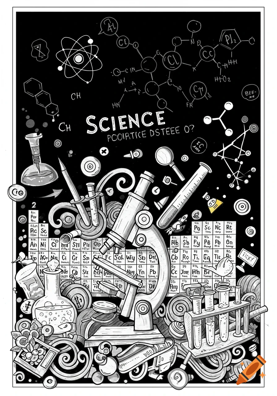 Black and white illustration of science lab equipment including a ...