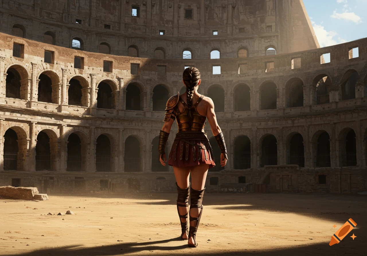 Woman gladiator walks into the Colosseum arena. on Craiyon
