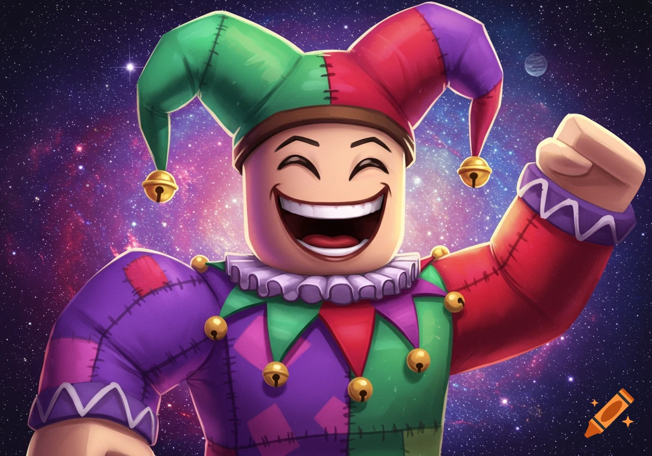 A laughing Roblox character dressed as a jester stands in space. on Craiyon
