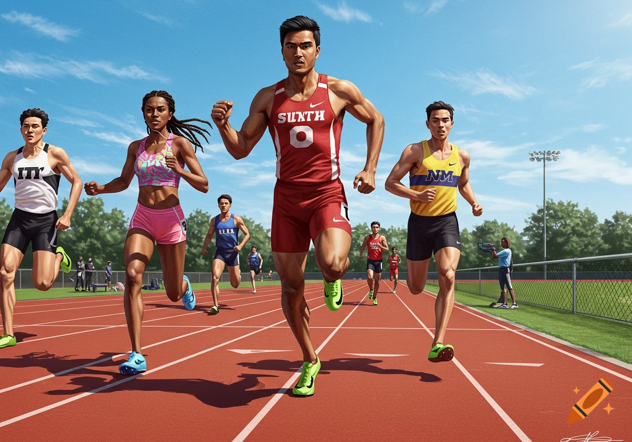 A group of diverse runners competing in a track and field race under a ...