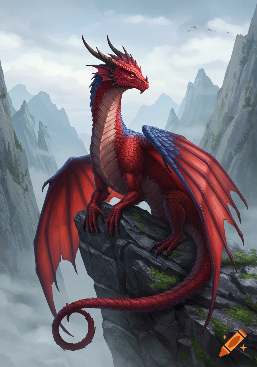 Red and blue dragon sitting on a rock in foggy mountains. on Craiyon
