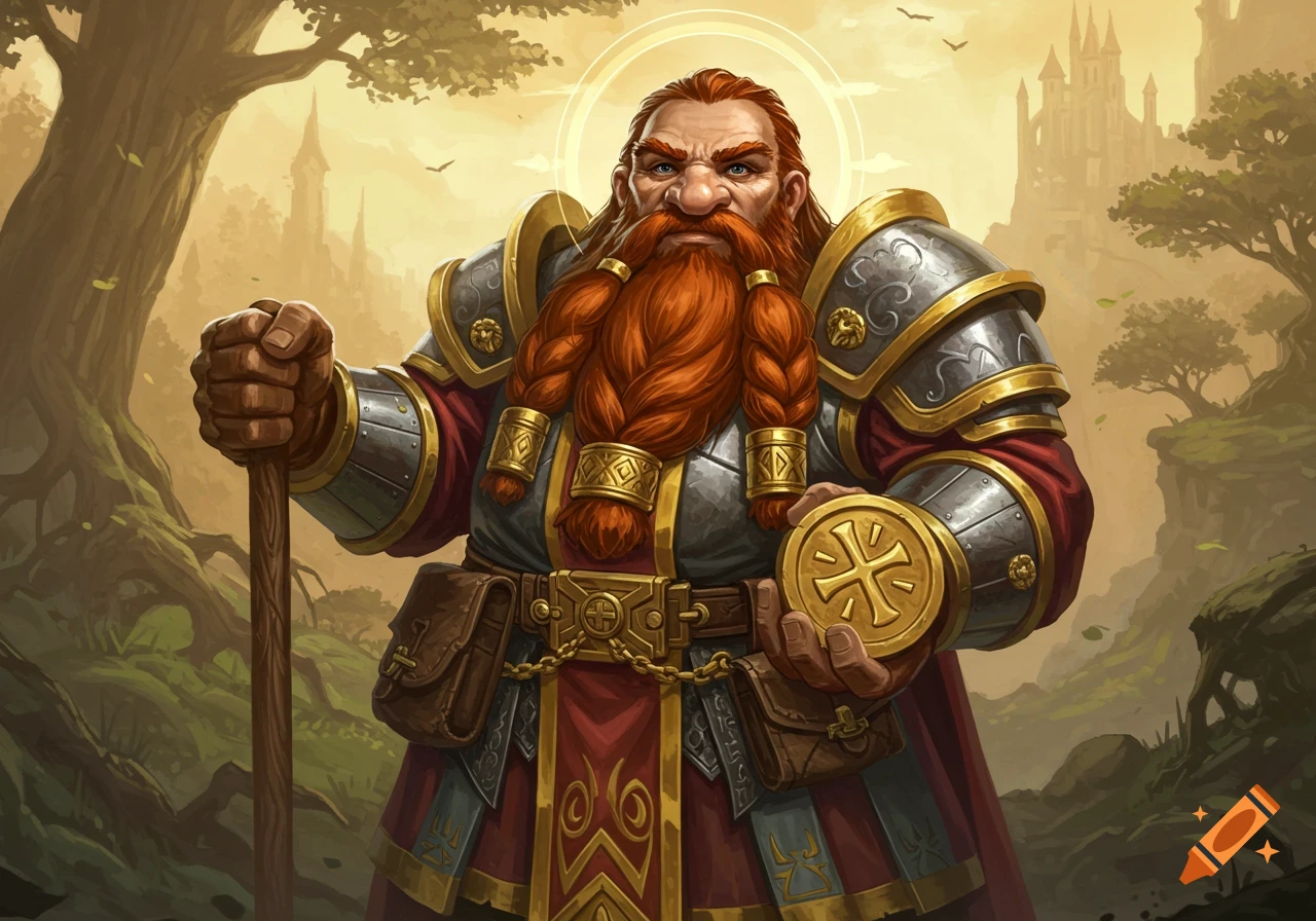 Detailed illustration of a bearded dwarf in fantasy armor holding a ...