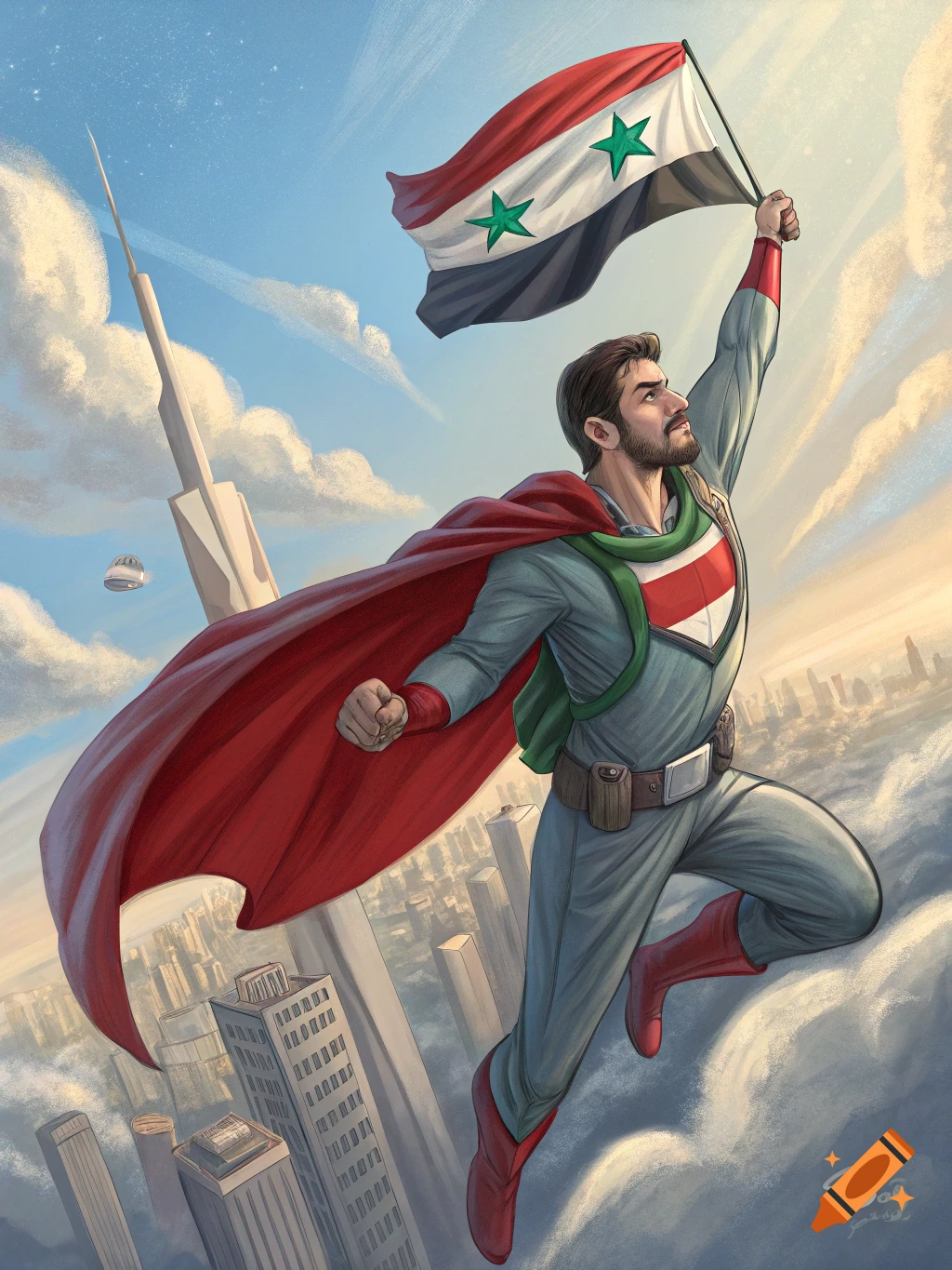 Superhero flying over a city holding a Syria flag. Comic art style. on ...