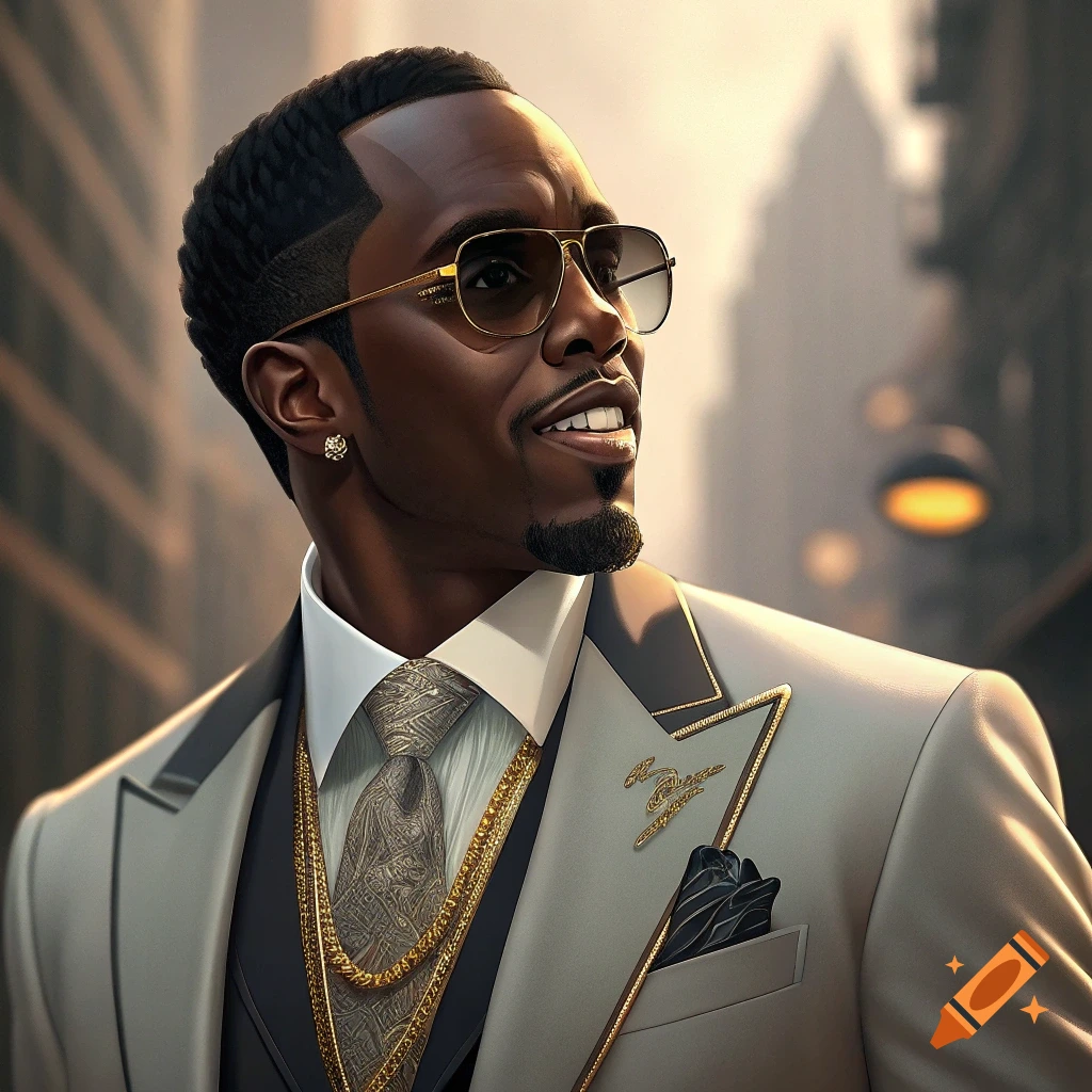 Photorealistic portrait of a man in a grey suit, gold chains, and ...