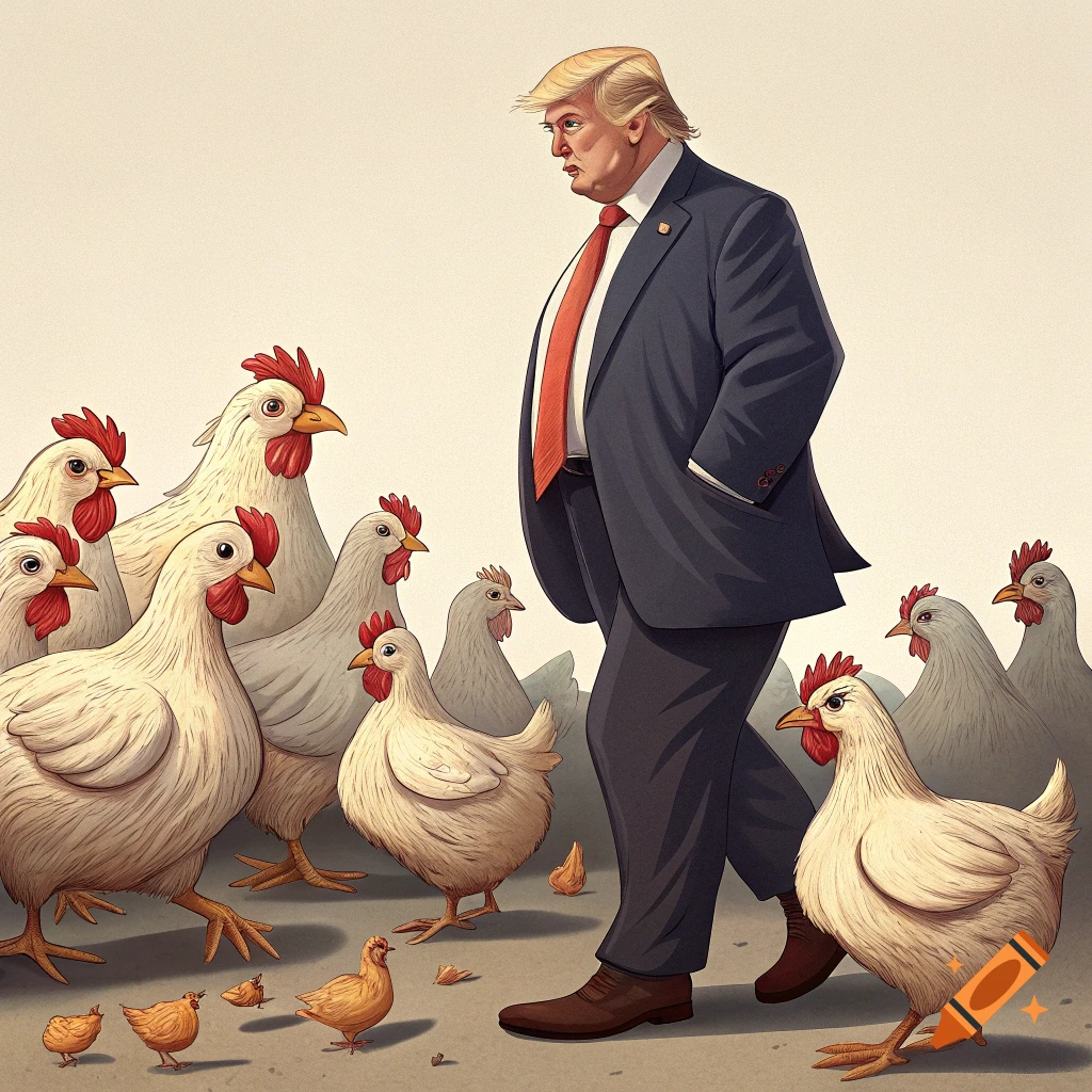 Illustration of a figure resembling Donald Trump walking amongst ...