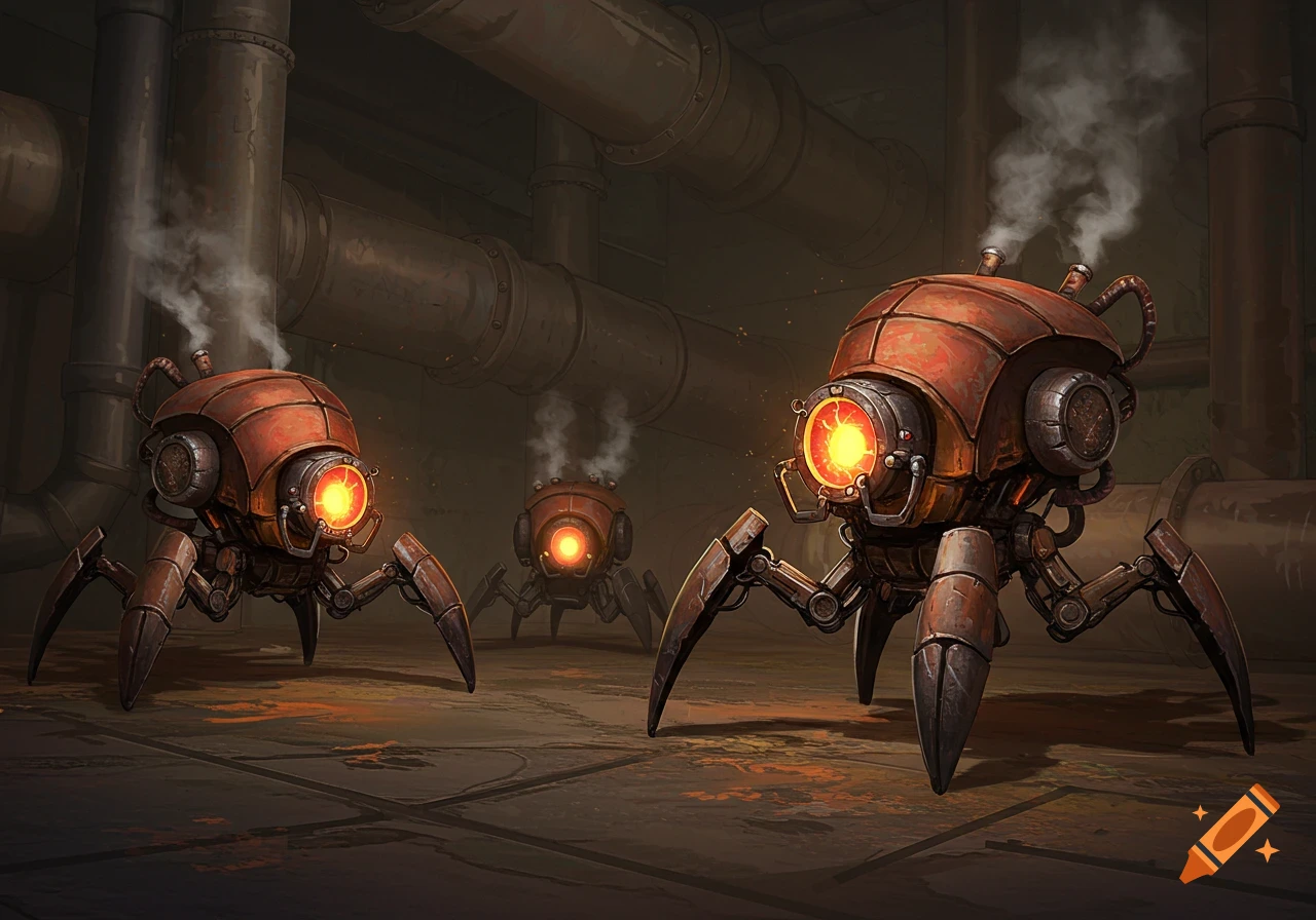 Three rusty mechanical spider-like robots with glowing eyes and ...