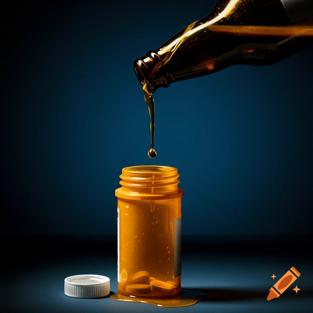 A beer bottle drips liquid into an orange pill bottle with pills inside ...