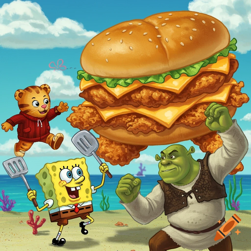 Spongebob, Daniel Tiger, and Shrek struggle with a giant chicken ...