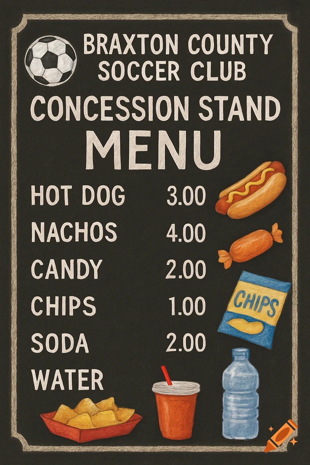 Chalkboard menu for a soccer club concession stand with items and ...