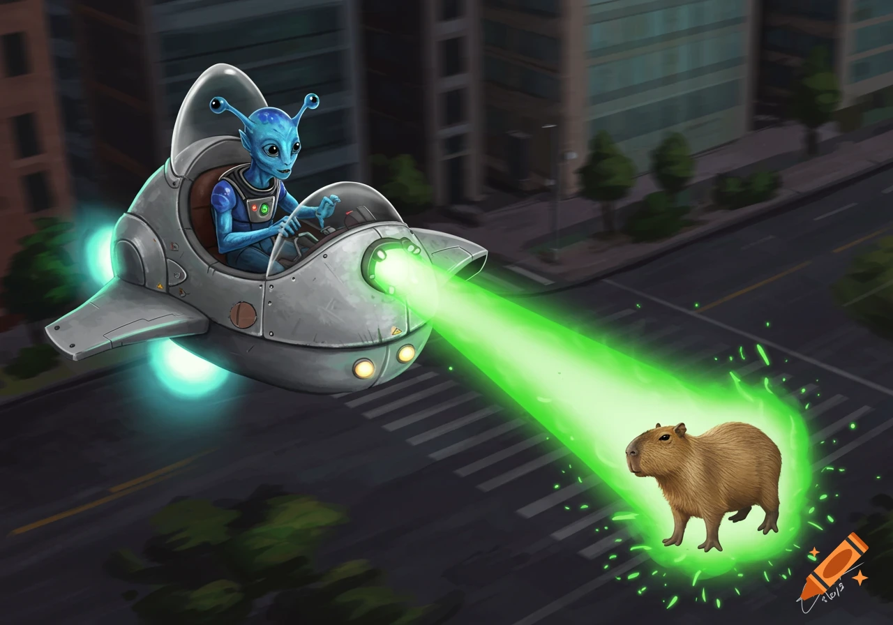 Cartoon illustration of an alien in a spaceship beaming up a capybara ...