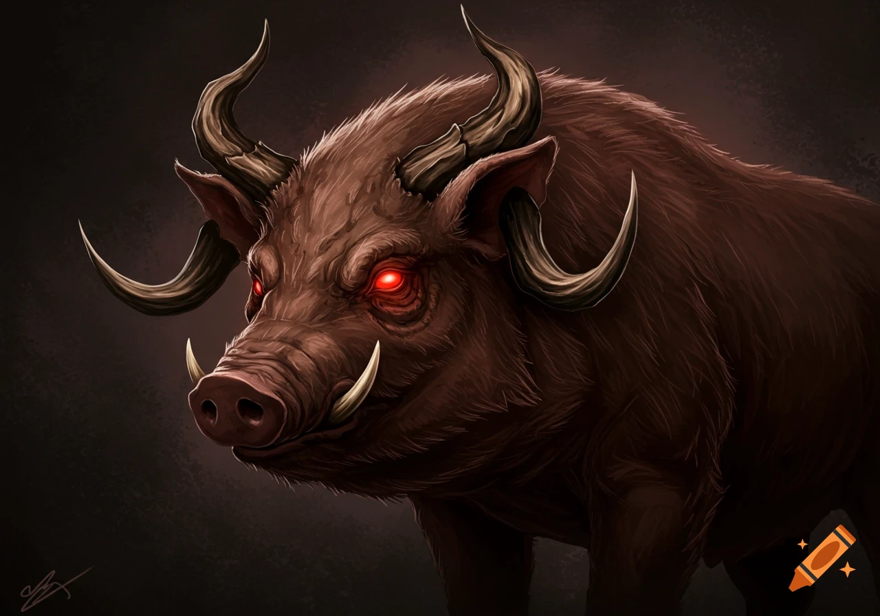 A detailed illustration of a boar with horns and glowing red eyes, on a ...