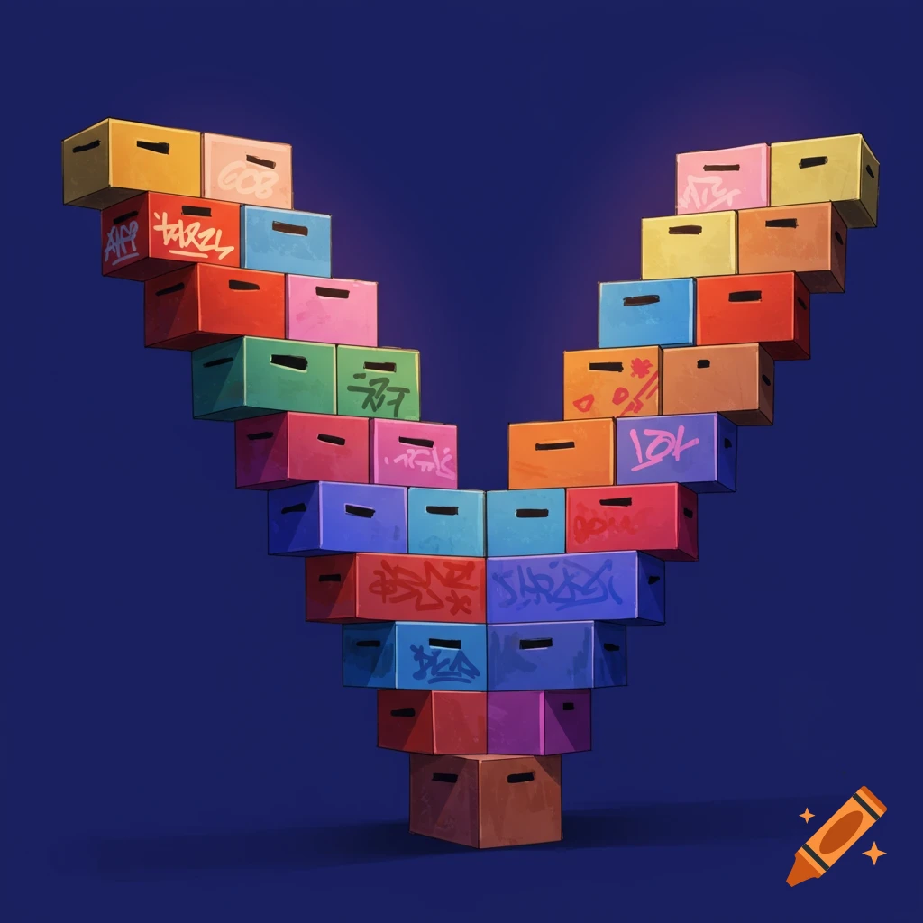 Colorful boxes stacked in an inverted V shape with graffiti markings ...