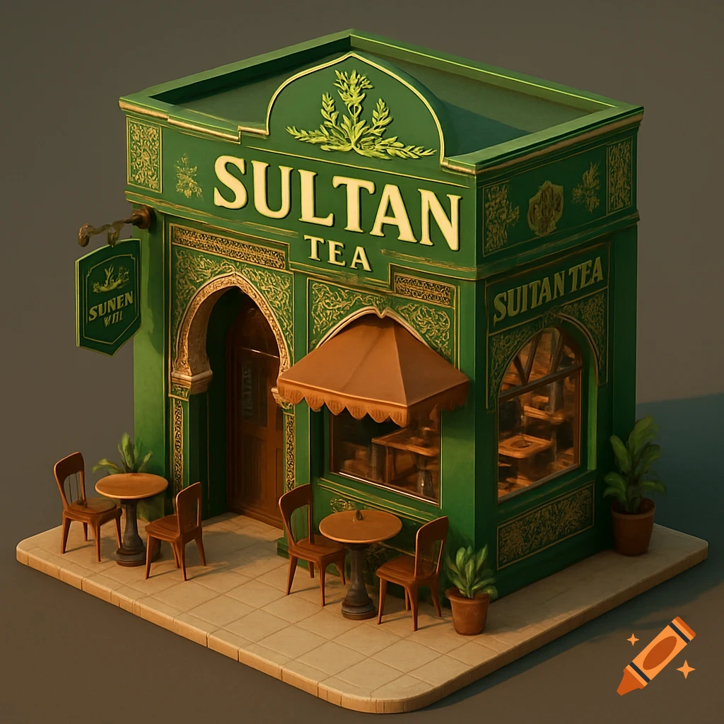 An isometric 3D render of a stylized green tea shop with Moroccan ...