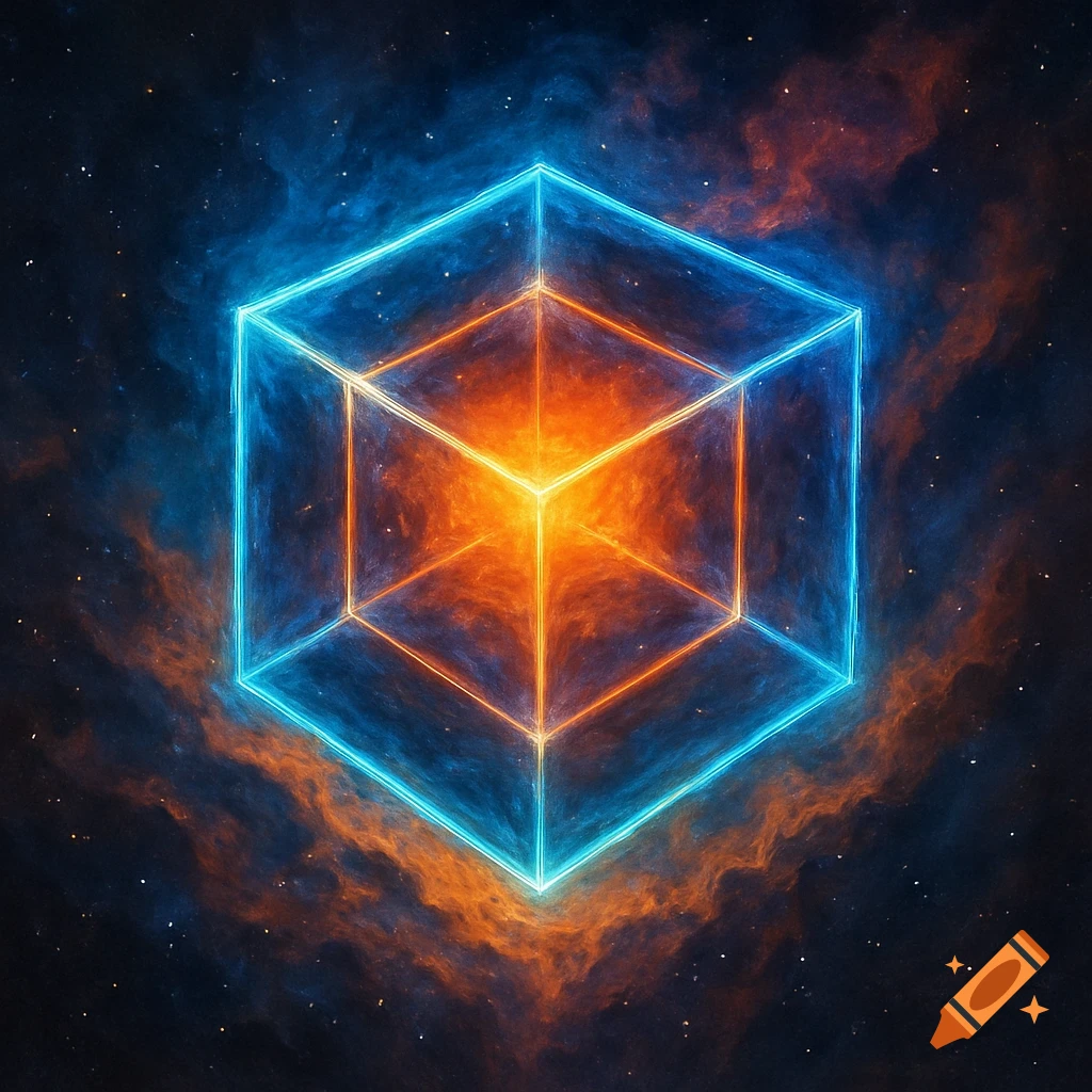 A glowing blue and orange neon wireframe cube floats in deep space ...