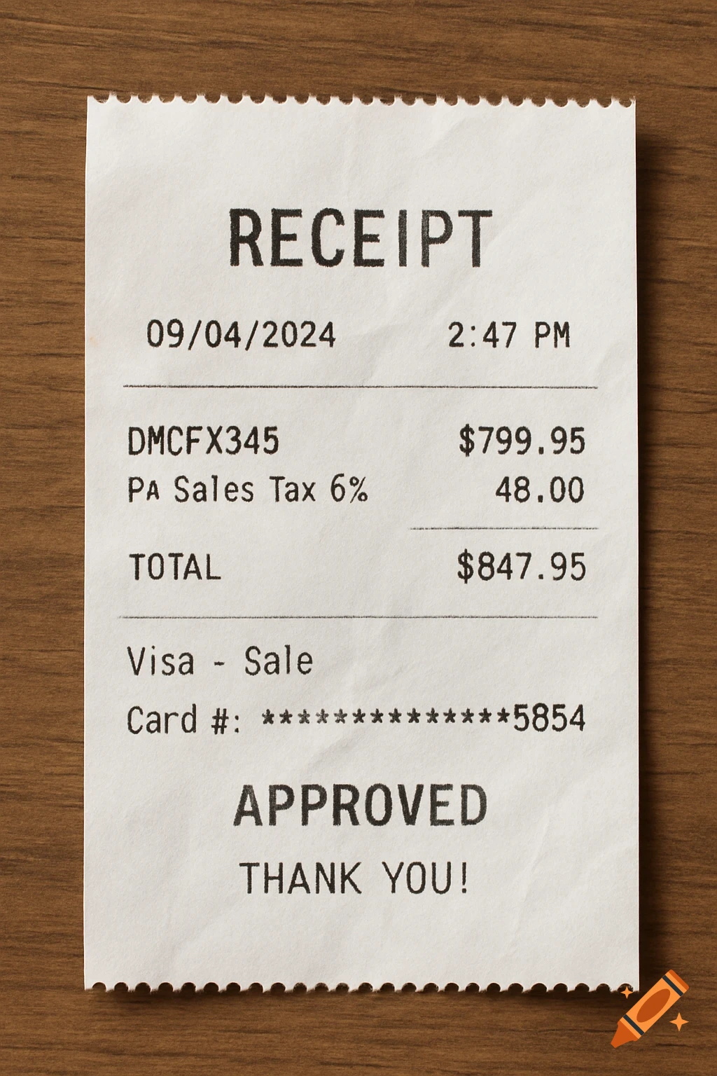 A photorealistic close-up of a detailed receipt lying flat on a wooden ...