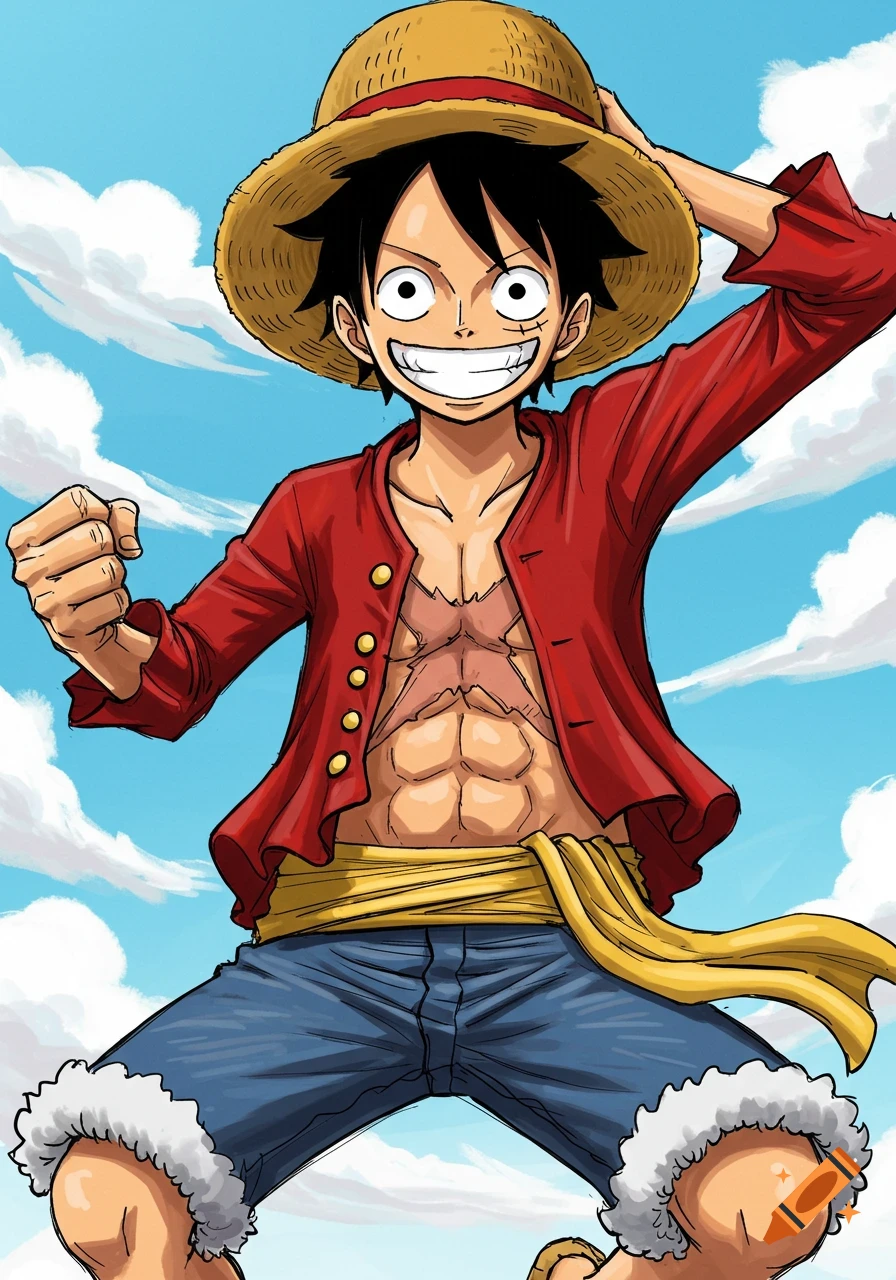 Luffy from One Piece looking up with an energetic pose on Craiyon
