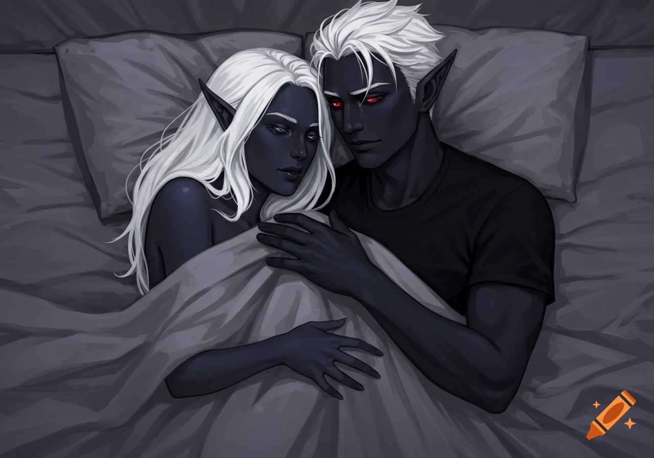 Digital illustration of a dark elf couple with white hair cuddling in ...