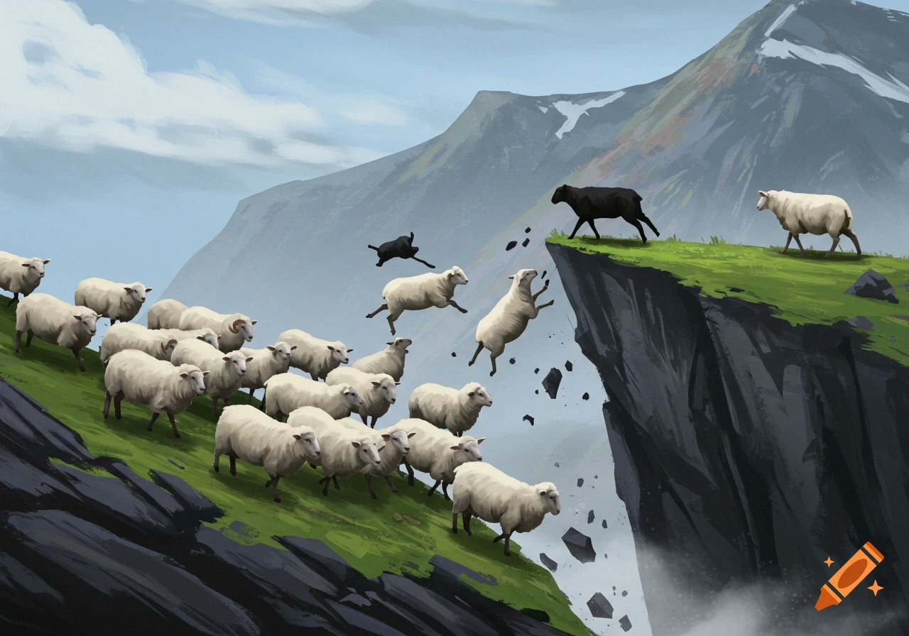A herd of white sheep follow a black sheep off a cliff. Digital ...