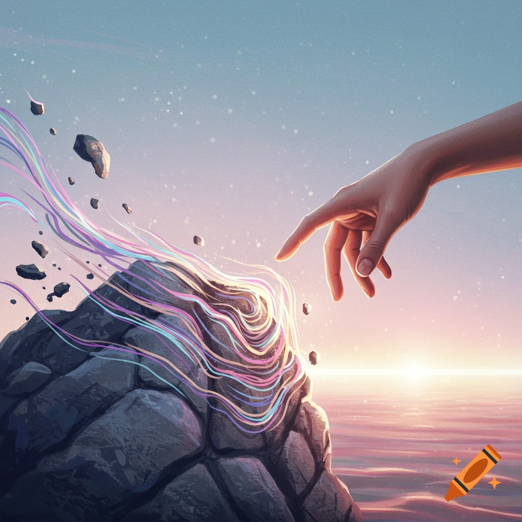 A hand reaches out to touch a large rock dissolving into flowing ...