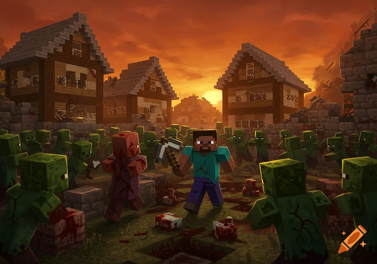 Minecraft Steve fights a horde of zombies in a destroyed village at ...