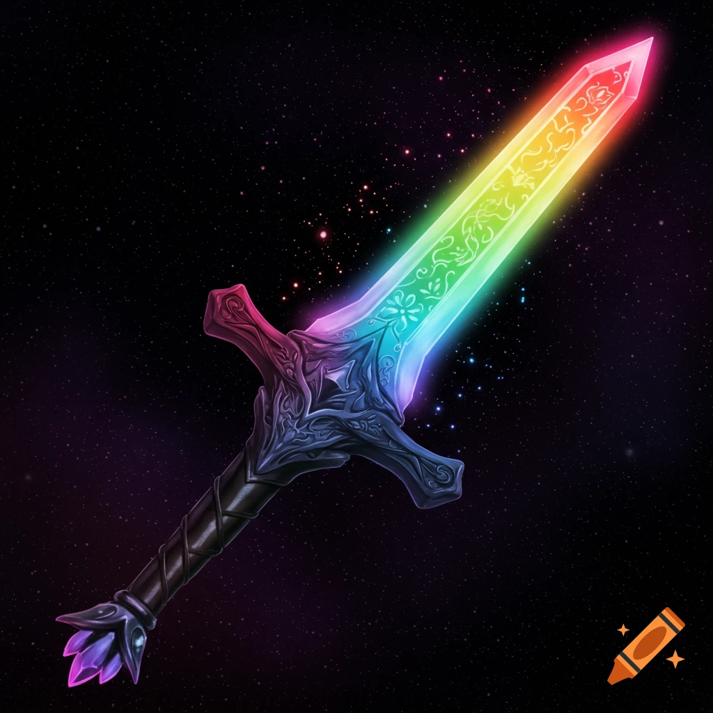 A vibrant rainbow-colored sword with an ornate dark hilt floats in the ...
