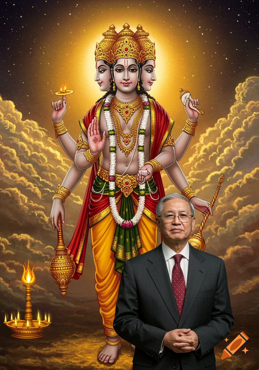 A multi-limbed Hindu deity stands behind a man in a suit, against a ...