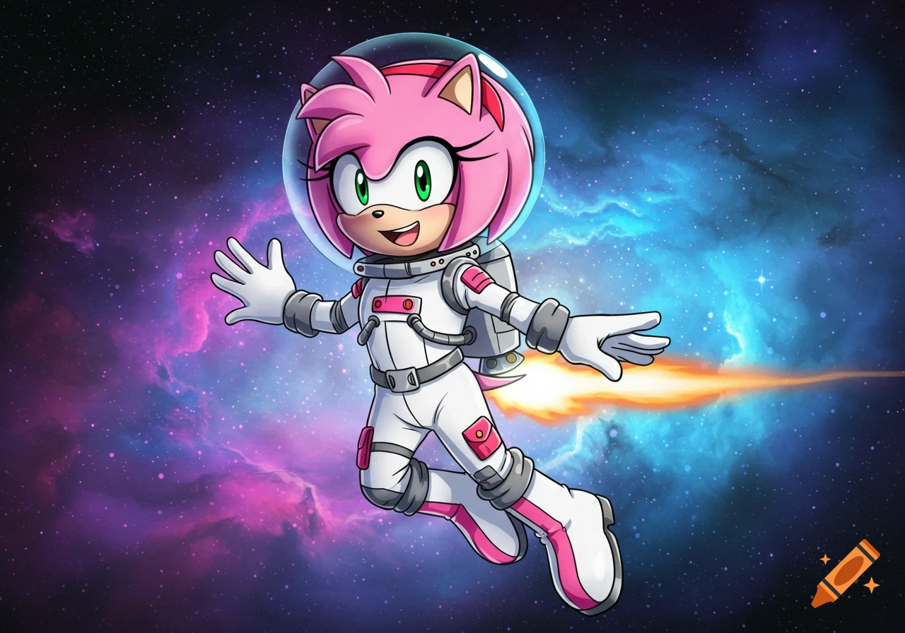 Amy Rose in a spacesuit flying through space with a jetpack. Anime ...
