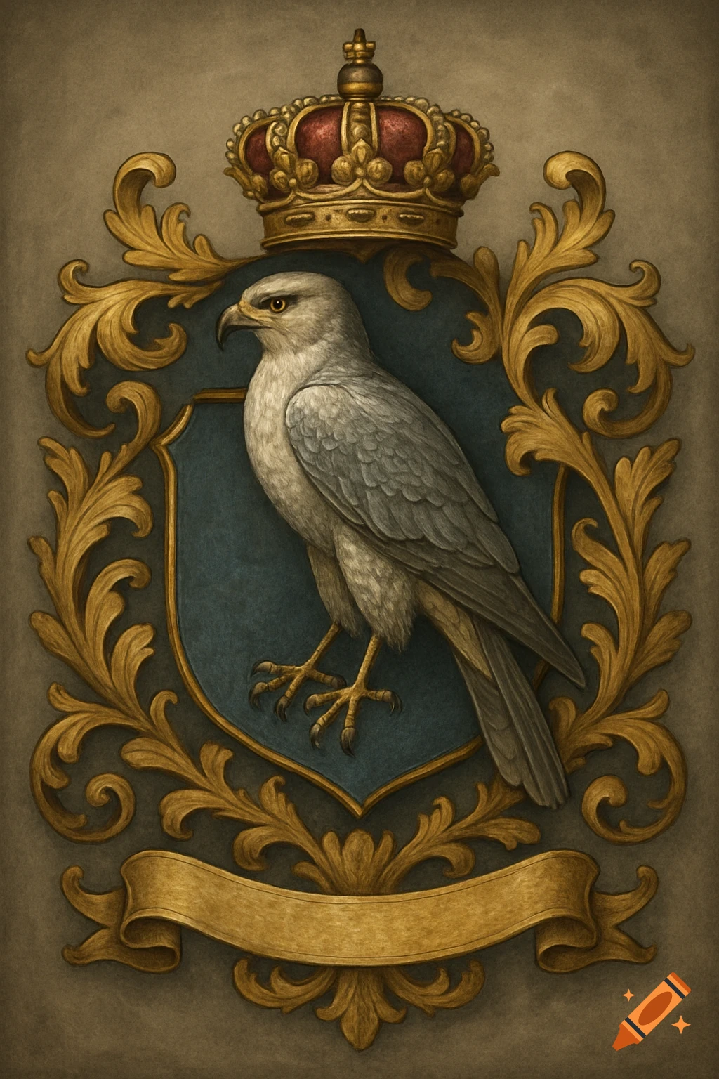 A royal crest featuring a sparrowhawk on a shield, framed by gold ...